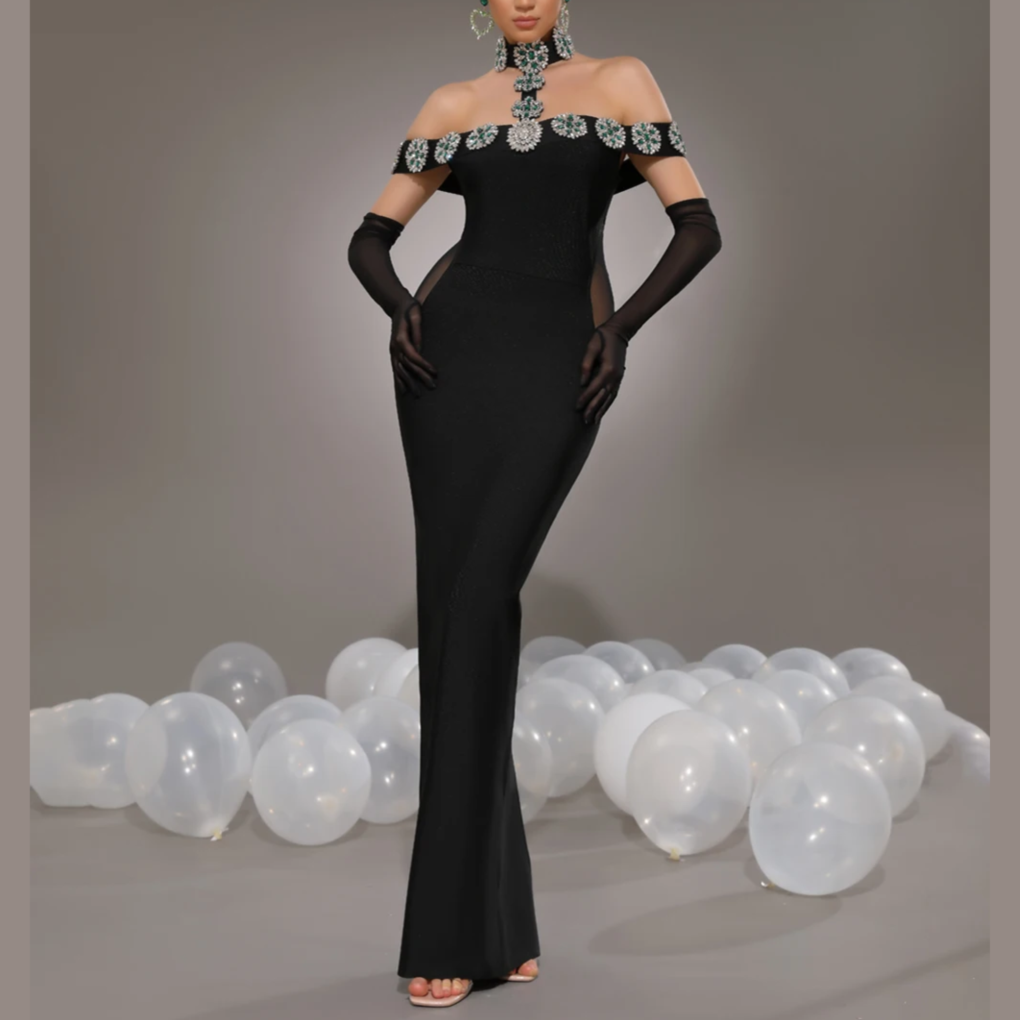 Aruna Off The Shoulder Embellishment Bandage Dress – Black Maxi Gown ...