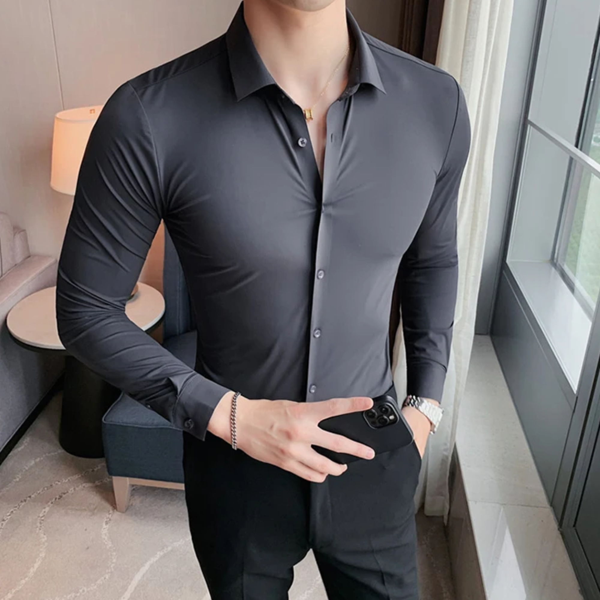 Men's Long Sleeve Stretch Shirt: Ultimate Style Meets Comfort – Model ...