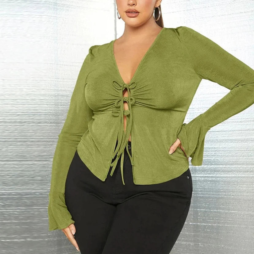Green Plus Size V-neck Open Front Top: The Perfect Blend of Style and ...