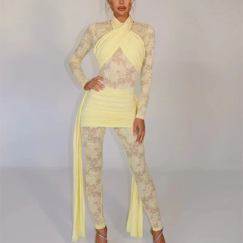 Roya Sheer Lace Draped Jumpsuit – Bold, Elegant Power Dressing | Model ...