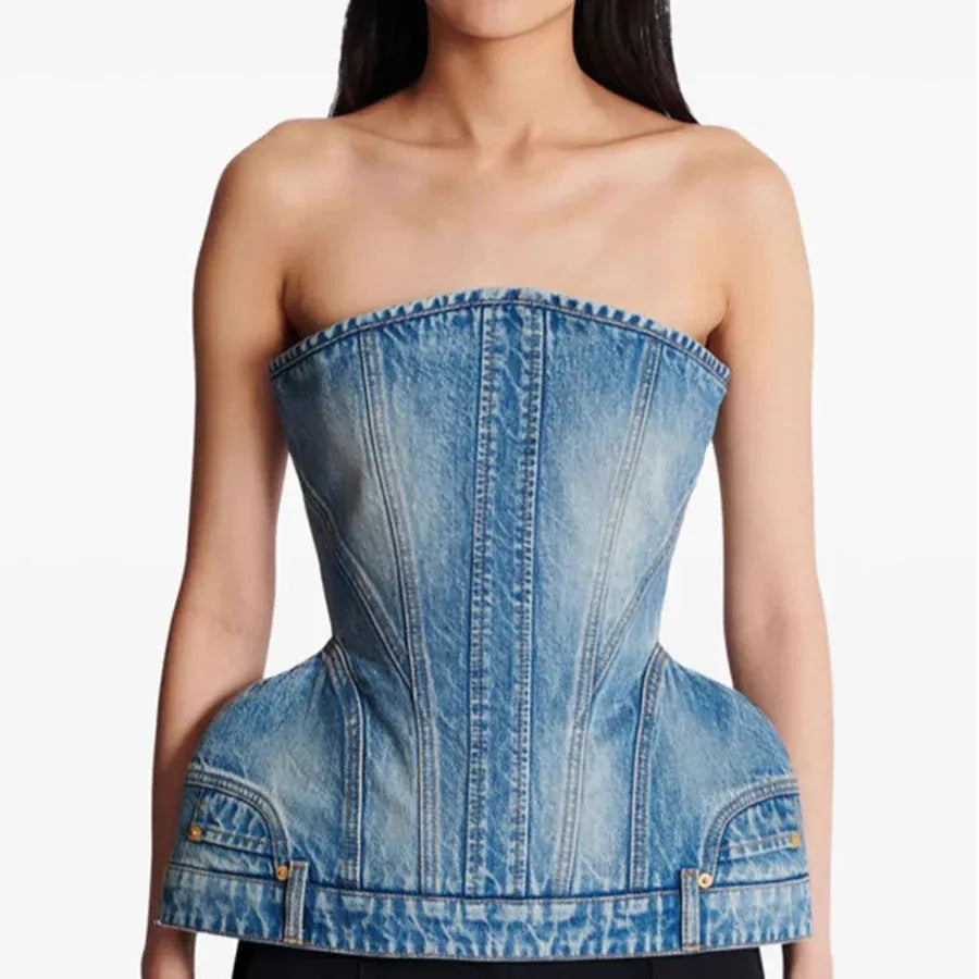 Halia Strapless Denim Corset Top – Bold, Sculpted & Stylish – Model ...
