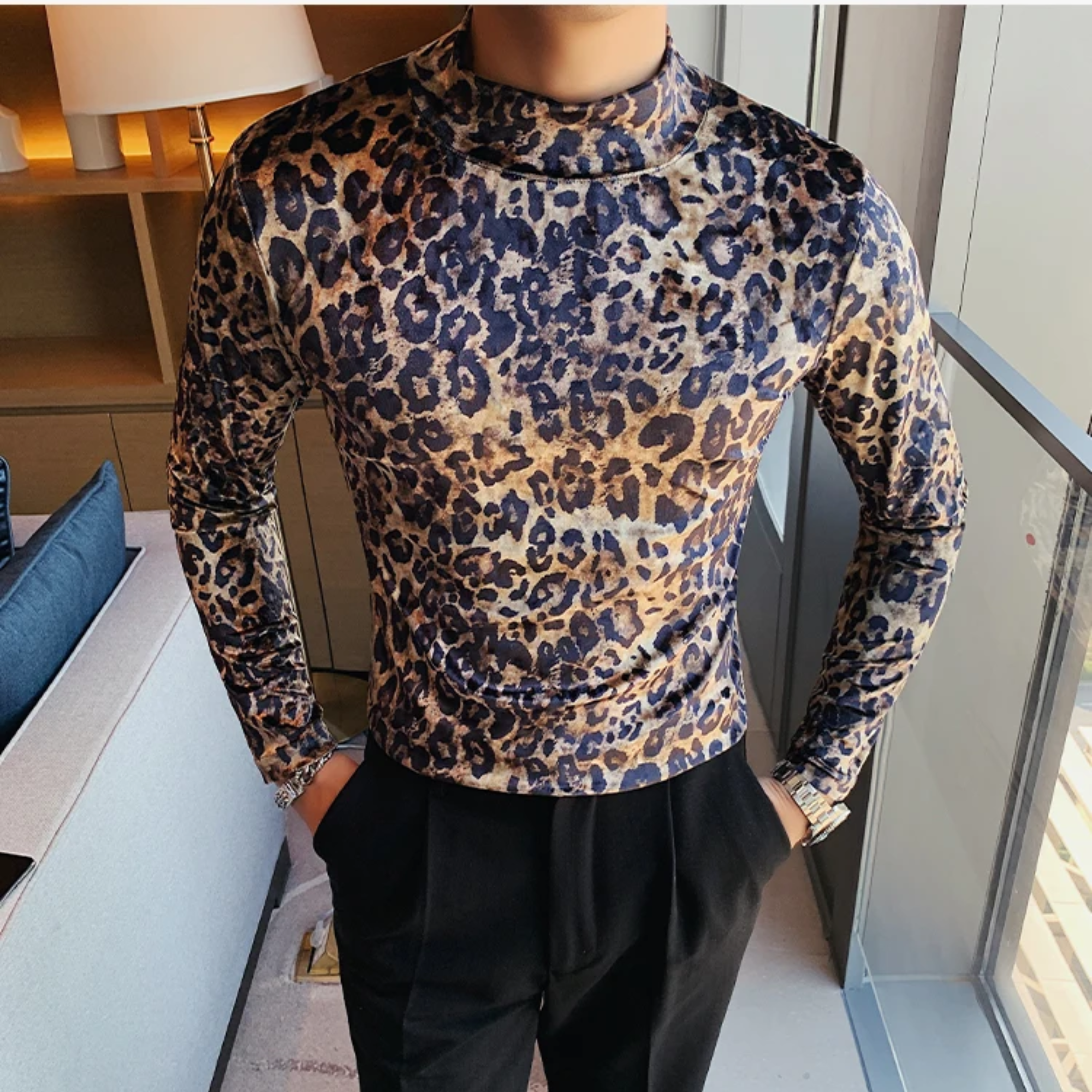 Leopard Mock Neck Velour Top: A Bold Style Statement for Men – Model ...