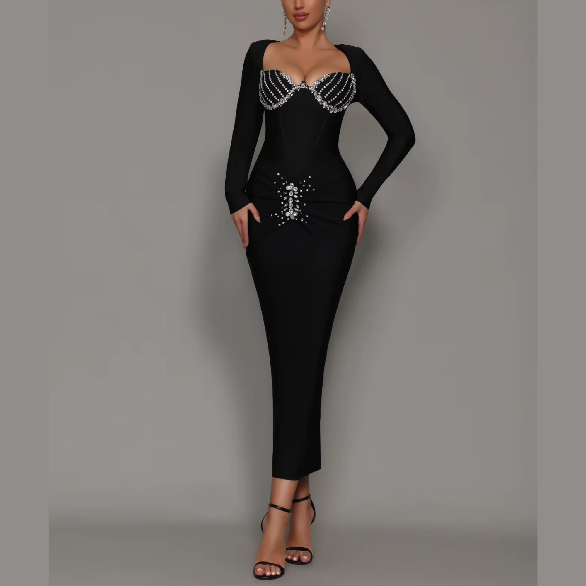 Solana Black Rhinestone Maxi Bandage Dress – Glamour by Model Mannequi ...