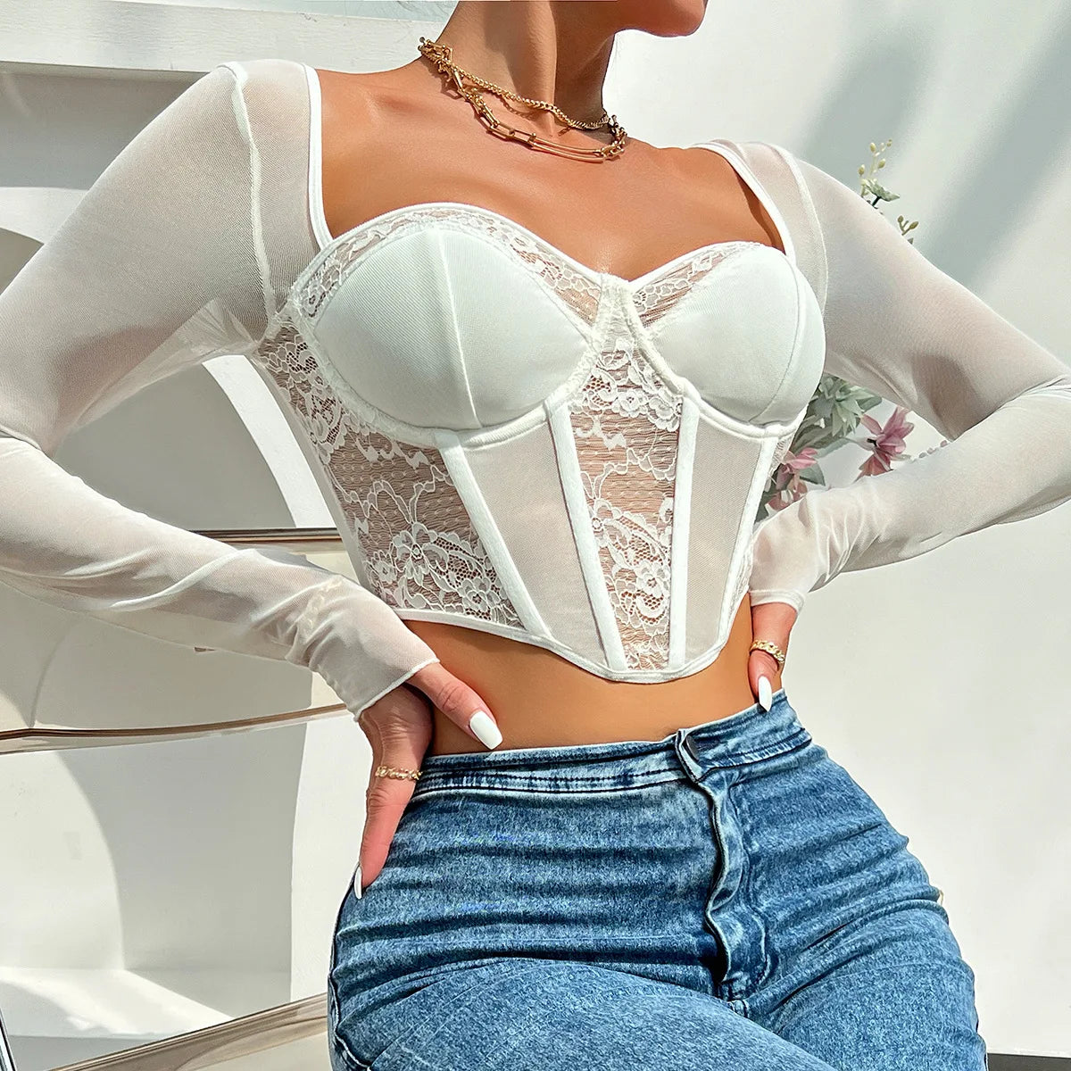 Ginevra - White Sheer Mesh & Lace Crop Top